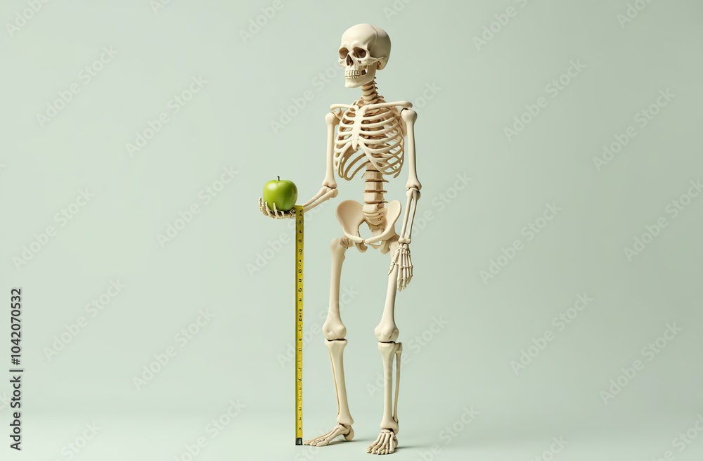 Full length, The concept of a skeleton holding a green apple. A tape ...