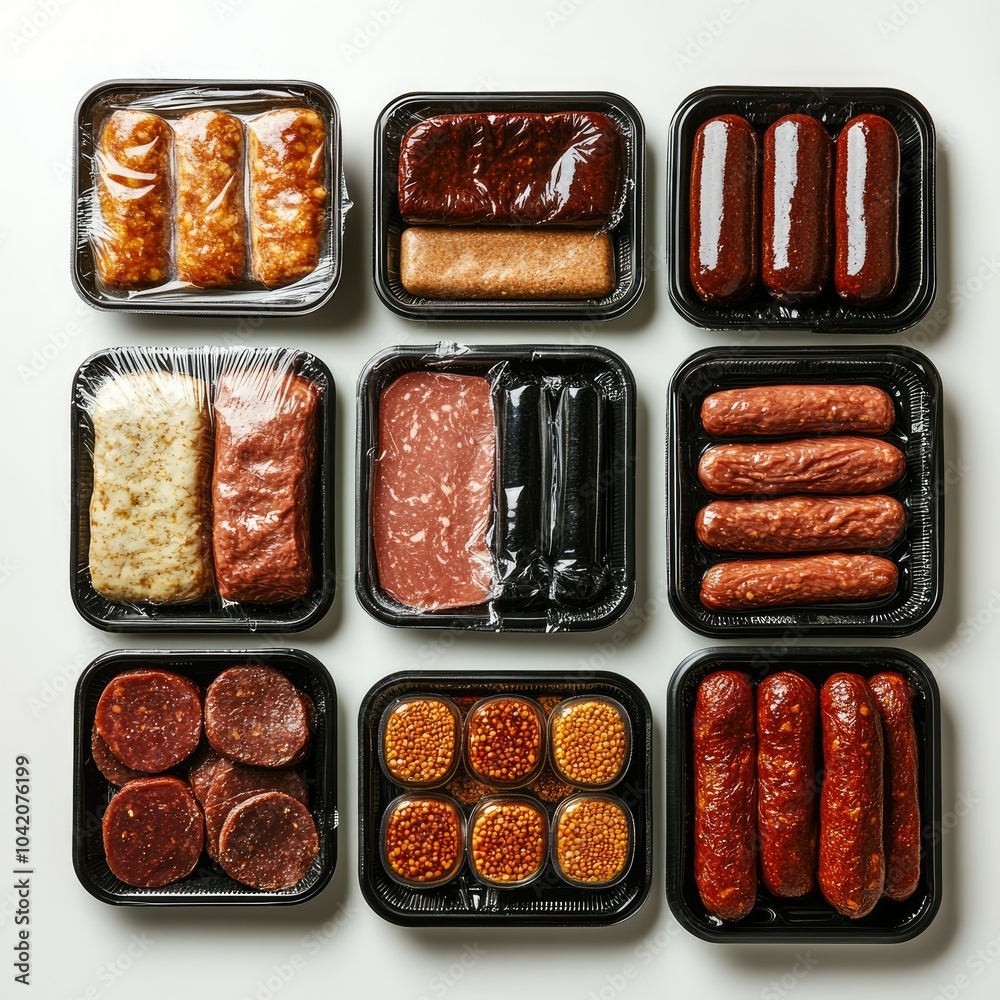 Packaged plant-based meats in different sizes and shapes, neatly ...