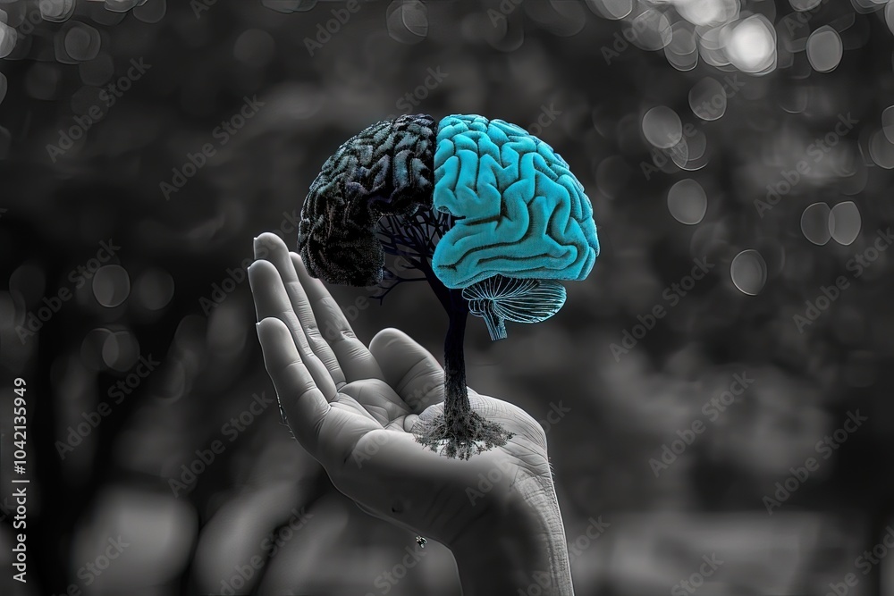 hand palm facing upwards holding a small tree made of blue and black ...