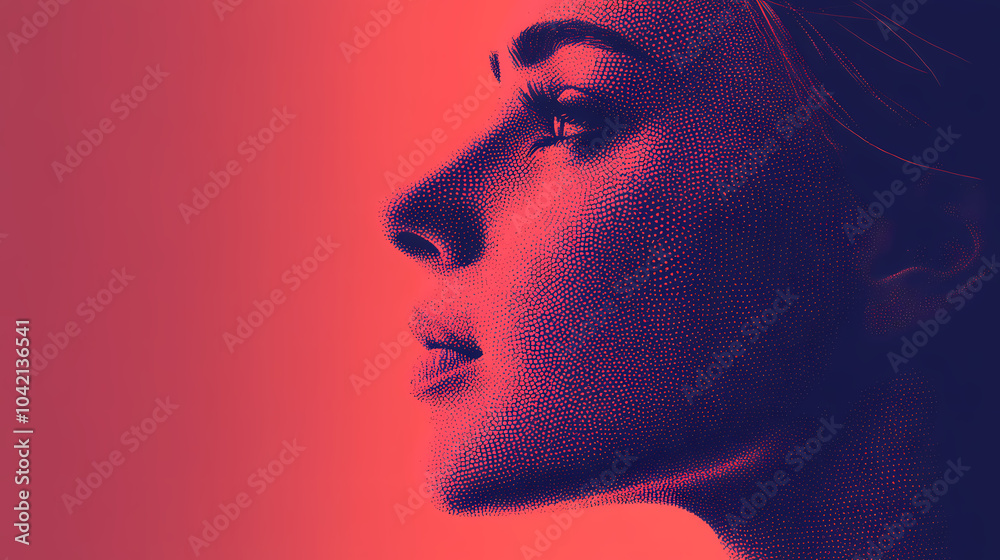 A side profile of a woman's face made of digital dots and nodes ...
