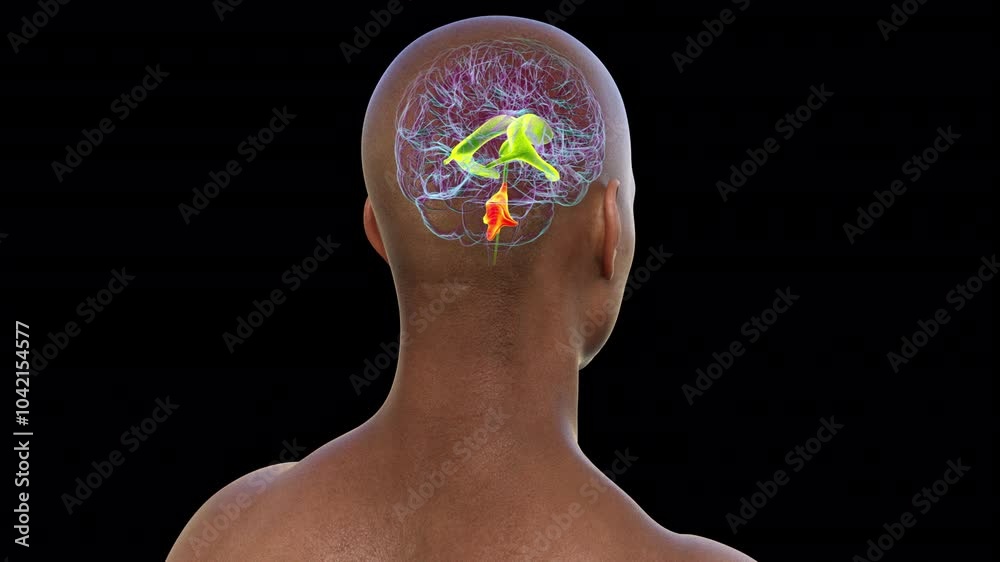 Anatomy of the fourth brain ventricle (highlighted in orange color), a ...