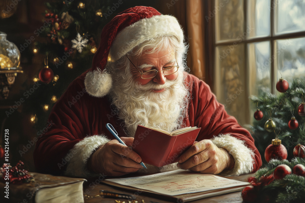 man in a red suit is writing in a red book. He is wearing a Santa hat ...