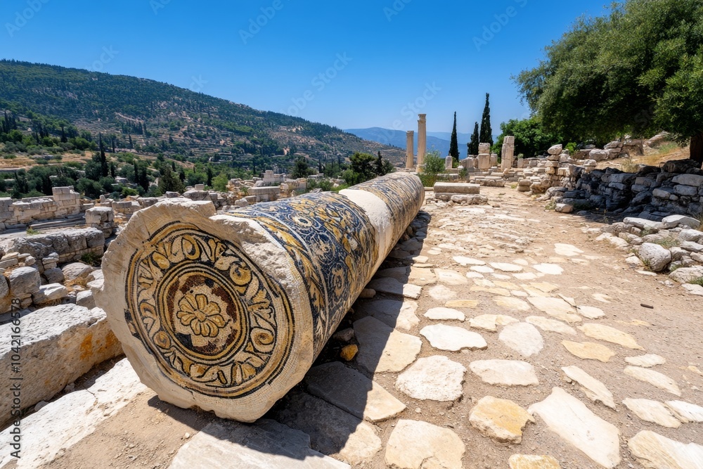 Ruins of a Byzantine church, with fallen columns and ancient mosaics ...