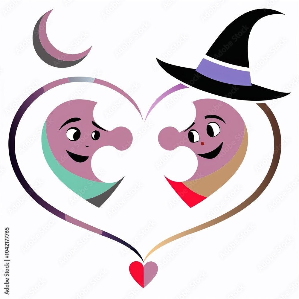 Playful cartoon heart with smiling faces and witch hat characters in ...