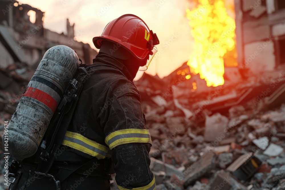 Firefighter confronting a blaze in a devastated area, powerful and ...
