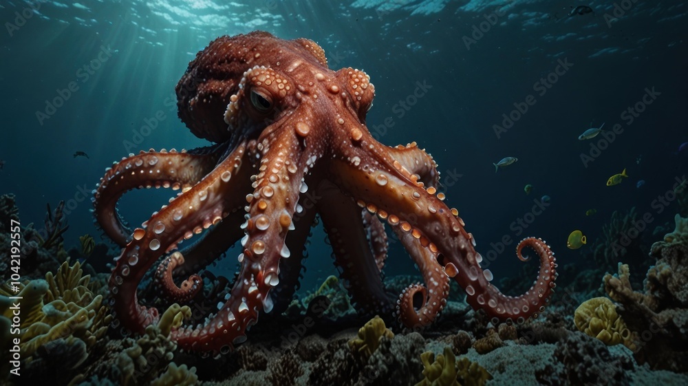 A large octopus with a curious expression swims over a coral reef with ...