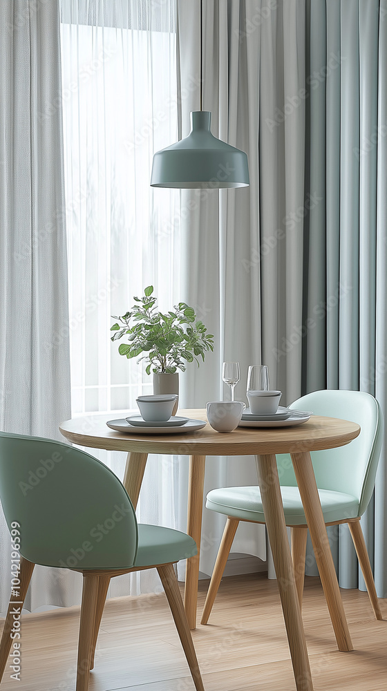 Two mint color chairs at round wooden dining table against window ...