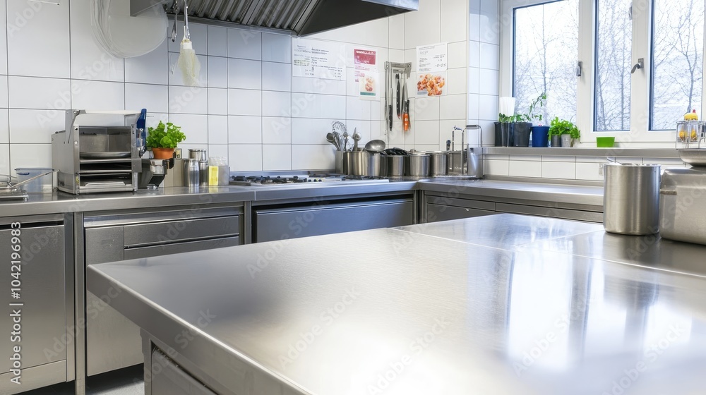 Immaculate stainless steel counters in a certified commercial kitchen ...