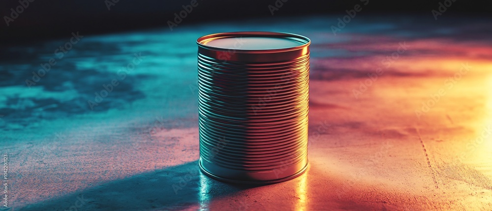 A nostalgic tin can sits centered on a colorful surface, featuring ...