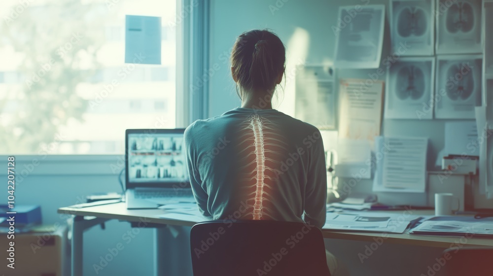 Woman at office desk with back pain from bad posture and overwork ...