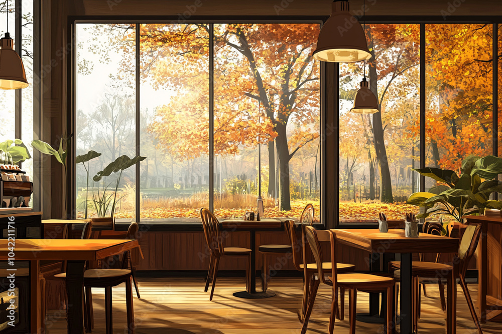 Modern coffee shop interior with wooden finish, charming lighting and ...