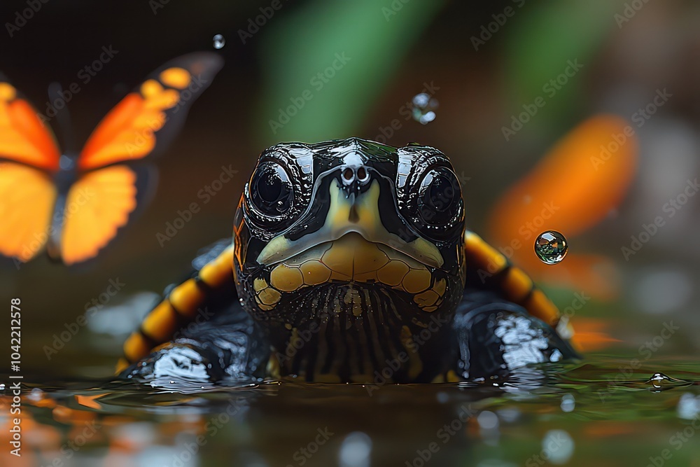 Amazon river turtle and butterfly are wide eyes swimming underwater ...