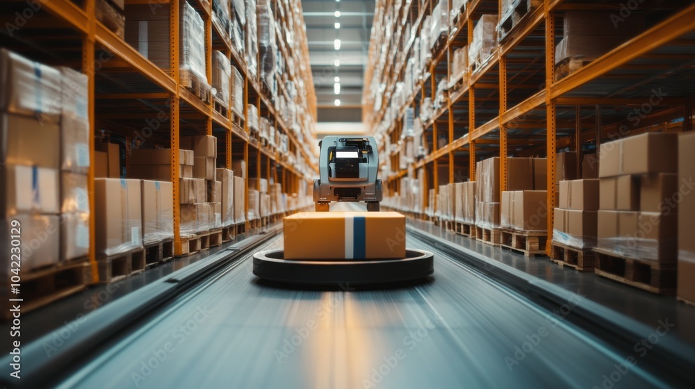 A warehouse robot sorting packages on a conveyor belt, industrial ...