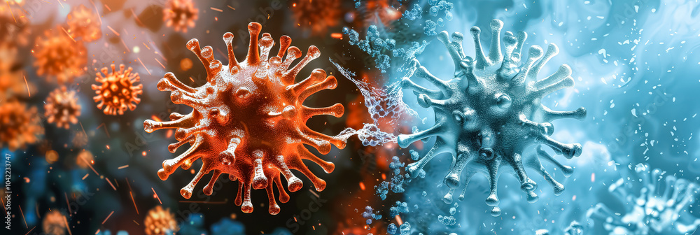 Two viruses are shown in a close up, one red and one blue. The red ...