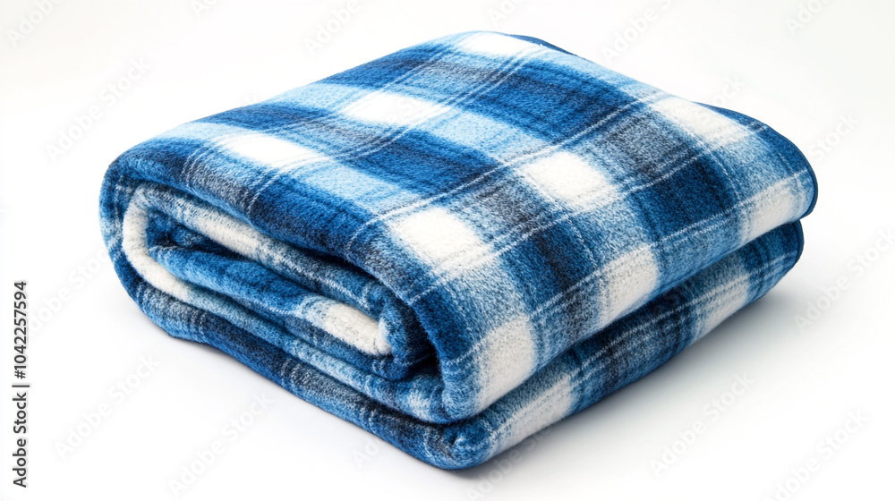 Blue and White Plaid Fleece Blanket Folded on White Background Stock ...