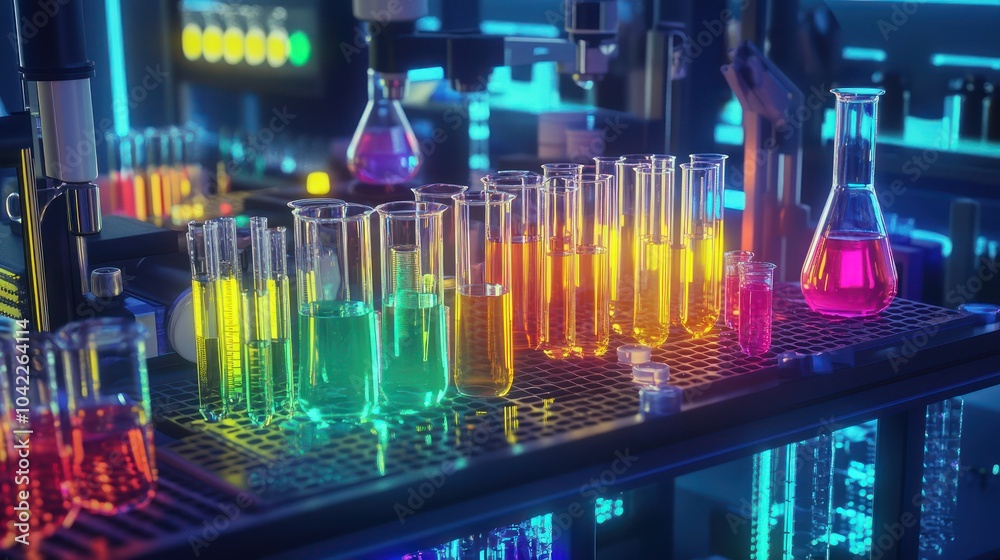laboratory scene filled with scientific equipment colorful test tubes ...