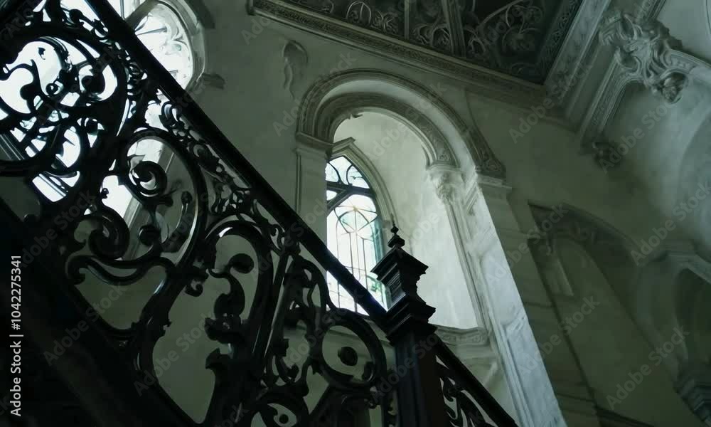 Tilt shot with low ambient light: The camera starts on a grand Gothic ...