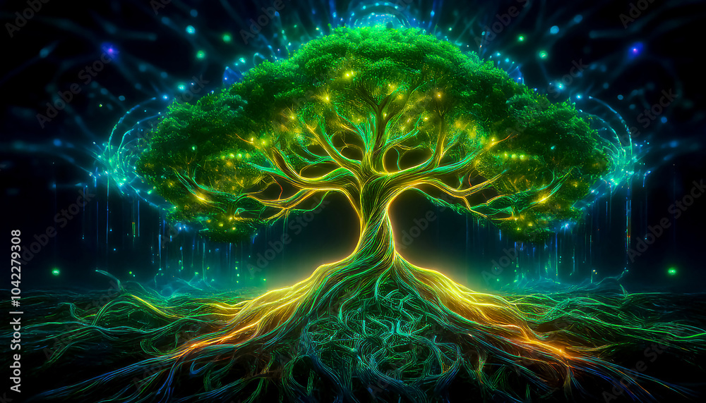Abstract visualization of tree root system connections with green leafy crown, chaotic neural ...