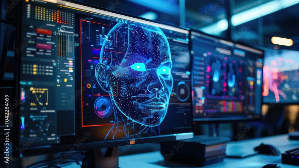 An AI entity as a digital face inspires a graphic designer in a high-tech workspace, suggesting ...