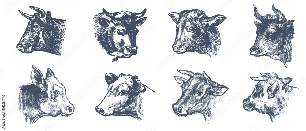 Cow, bull, beef head drawing set. Beef Steak, burger. Livestock, cattle ...