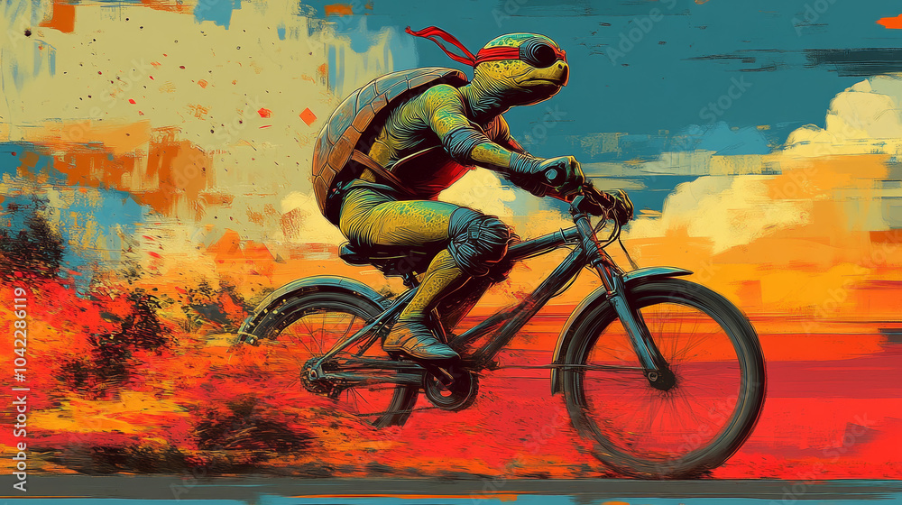 Cartoon Turtle Riding Bike Pinup Pop Art Retro Raste Illustration Stock ...