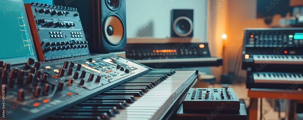 Modern music studio setup with synthesizers, speakers, and keyboard ...