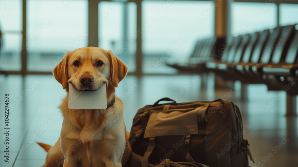 Labrador with a boarding pass in its mouth sitting next to a travel bag ...
