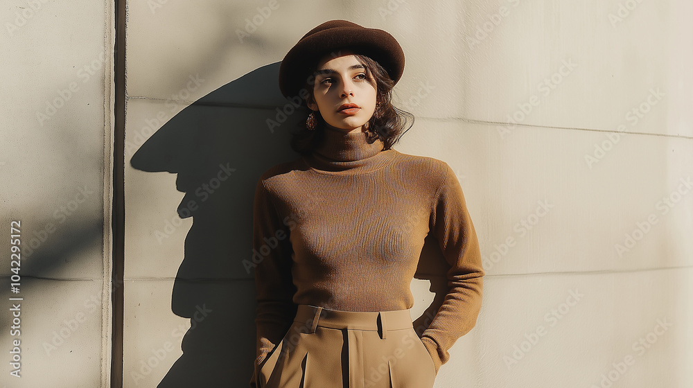 Sleek turtleneck sweater tucked into high-waisted trousers, paired with ...