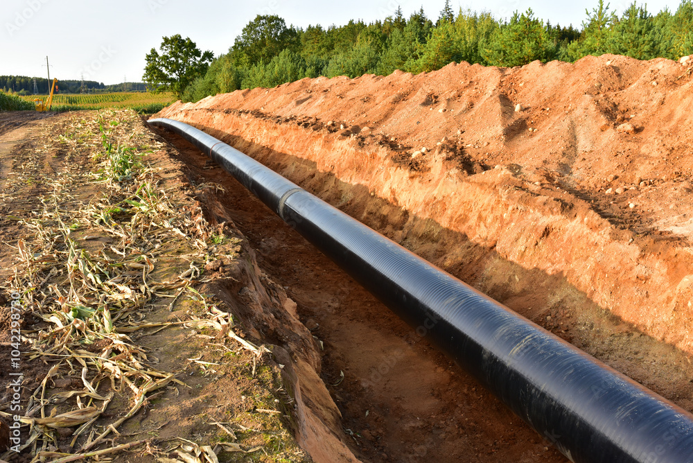 Natural Gas Pipeline Construction site. Transmission in pipe to LNG ...
