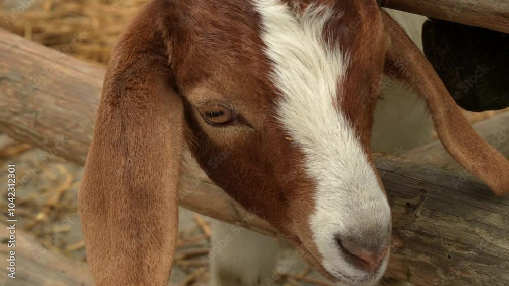Boer goat in a stall. Spotted goat on the farm. A goat grazes on a farm ...