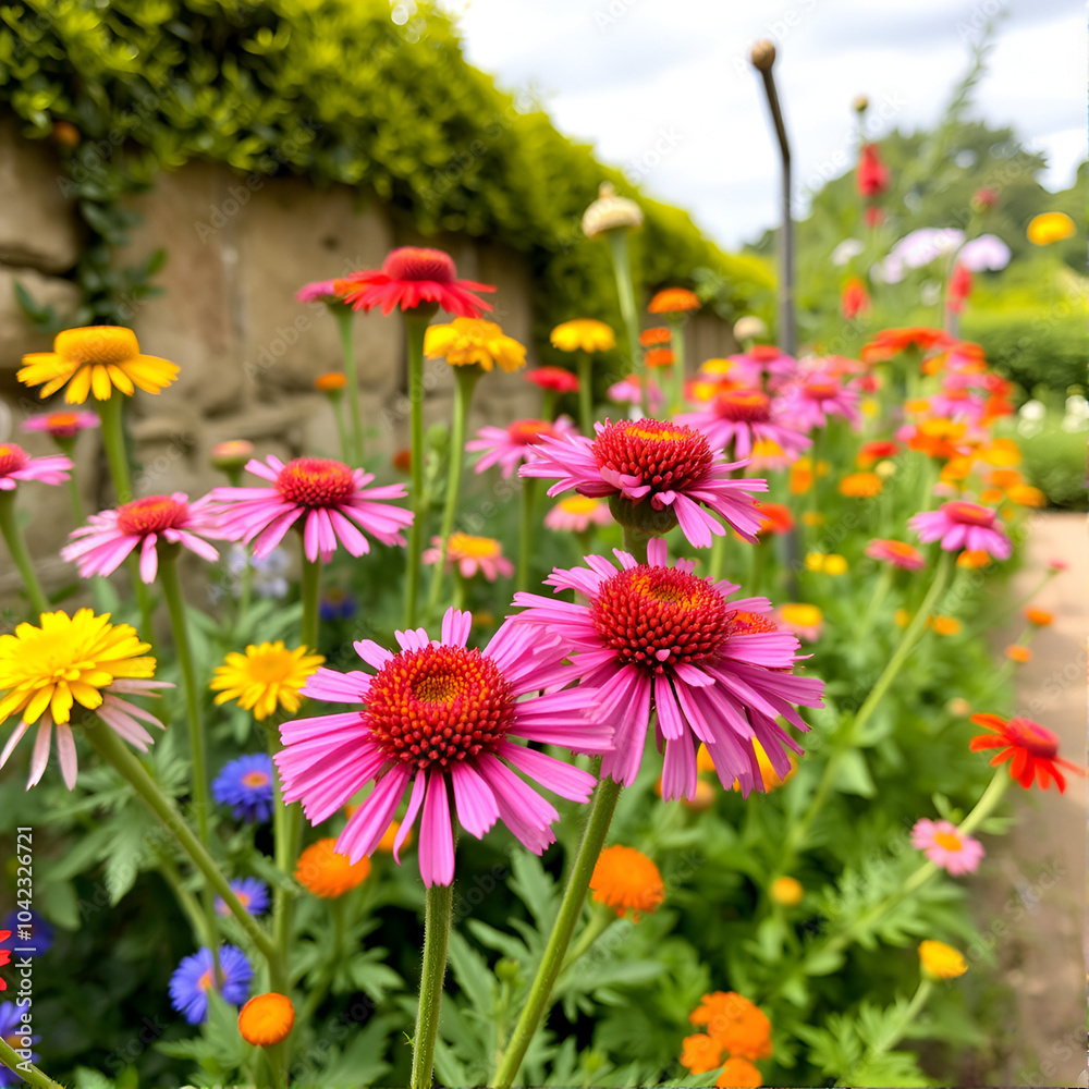 Colourful achillea flowers in the historic walled garden at Eastcote ...