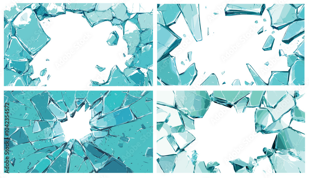 Cartoon broken glass background set. Shattered window with hole, screen ...