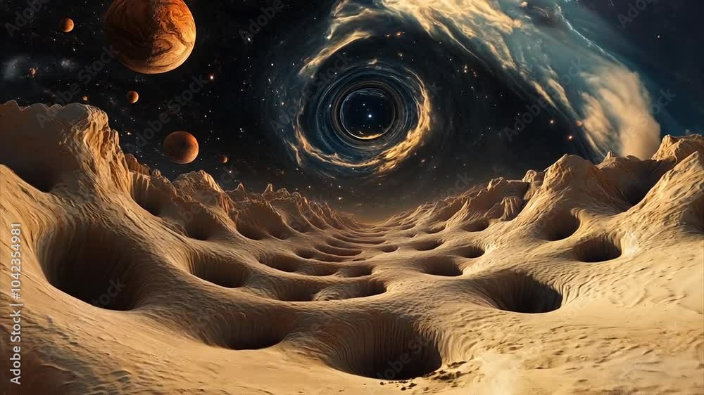 Pushing over surreal desert alien landscape as stars and a black hole ...