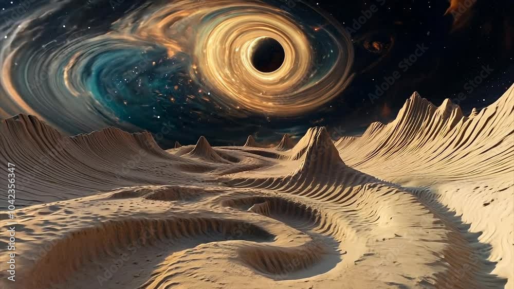 Pushing over surreal desert alien landscape as stars and a black hole ...