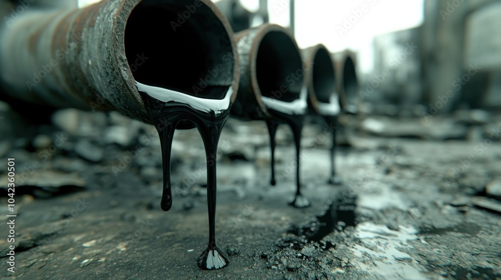 Oil drips from rusted pipes in an industrial wasteland, highlighting ...
