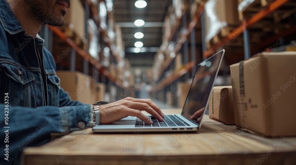 Warehouse Worker Using Laptop for Inventory Management in a Large ...