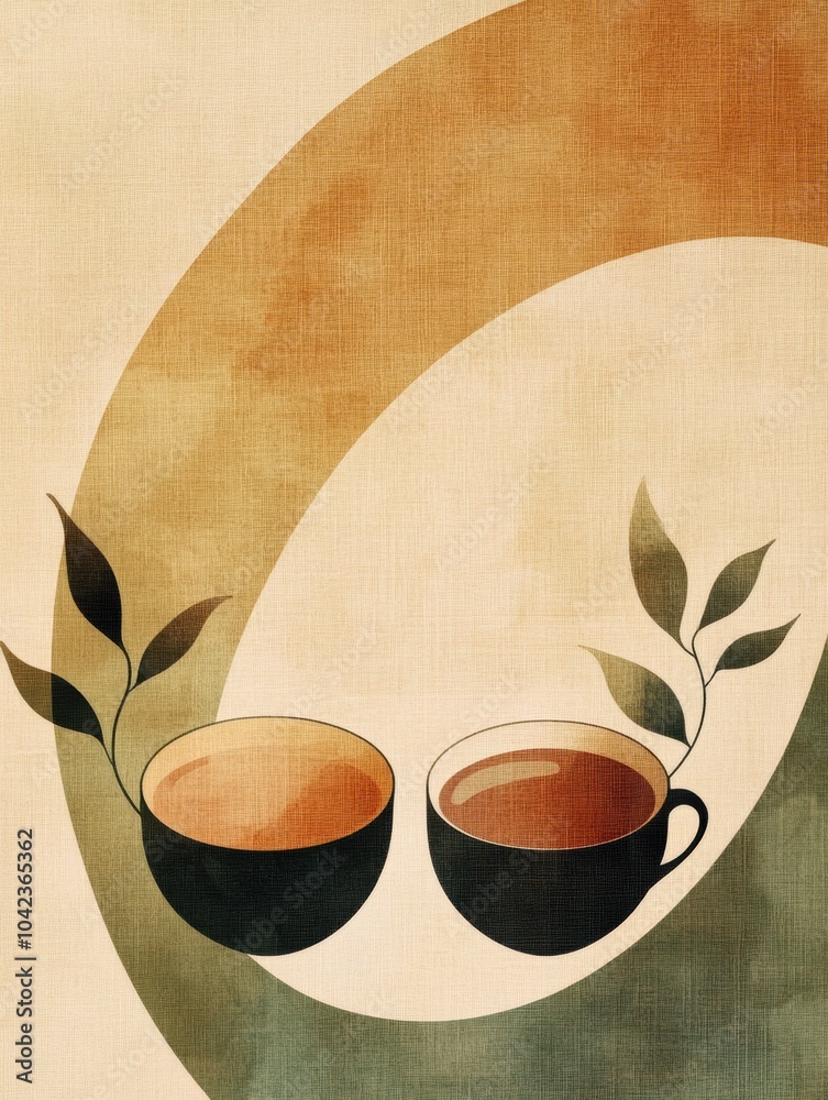 Two stylized cups sit gracefully with intertwining leaves, portraying ...