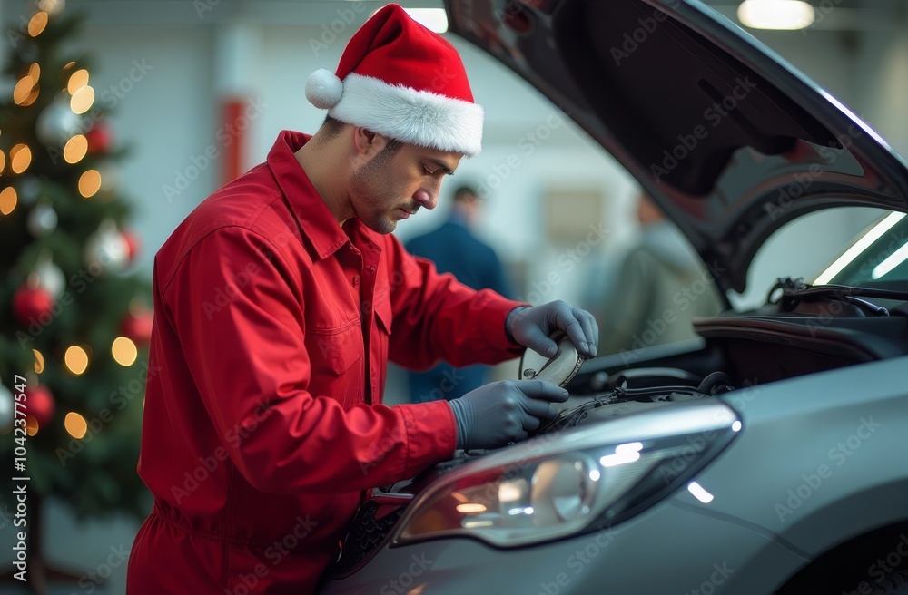 Auto mechanic fixing a car in a car repair shop with a Christmas tree ...