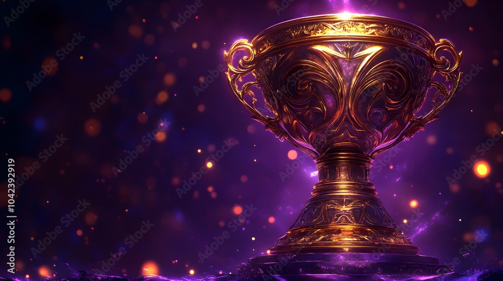 Rich golden trophy with intricate scrollwork, standing proudly on a ...