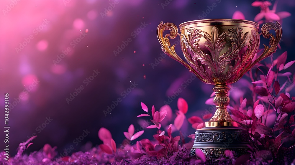 Rich golden trophy with intricate scrollwork, standing proudly on a ...