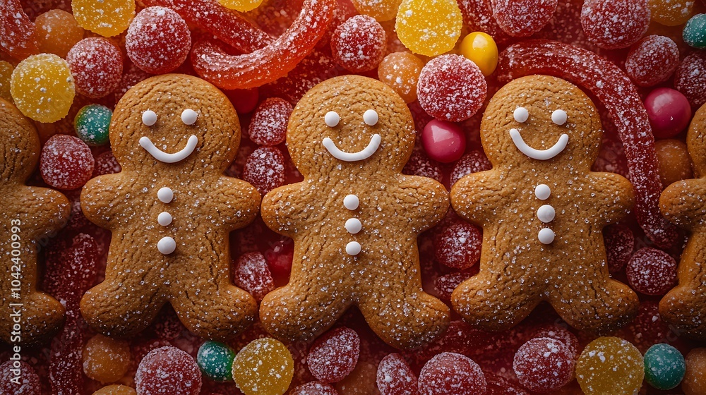 Rows of gingerbread men with smiling faces, surrounded by tiny ...