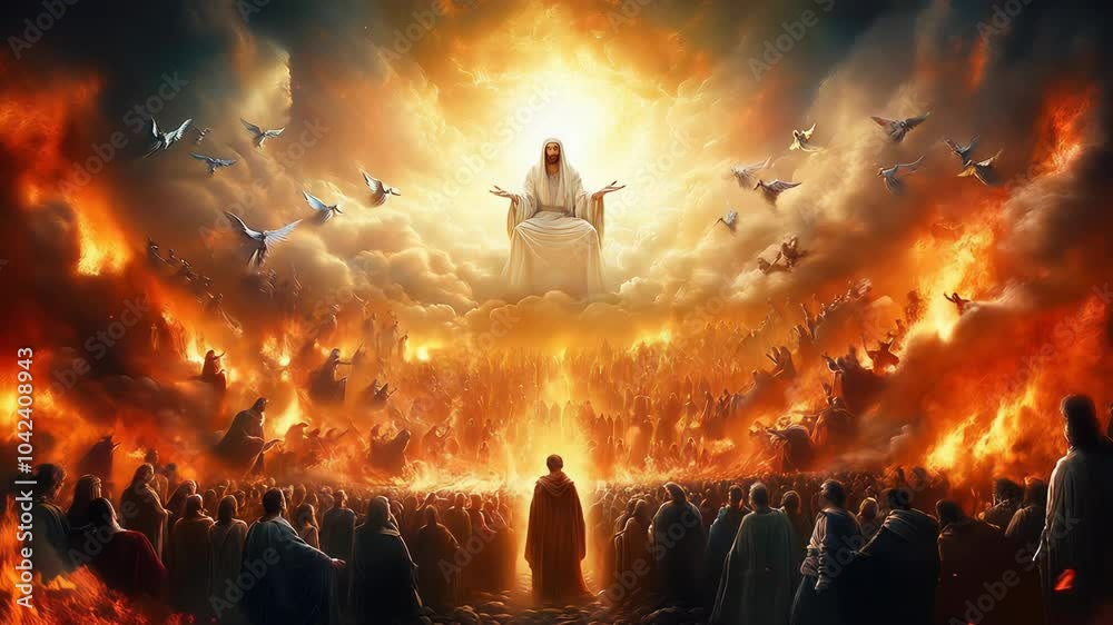 Jesus Christ is sitting on a throne in the clouds as angels battle ...