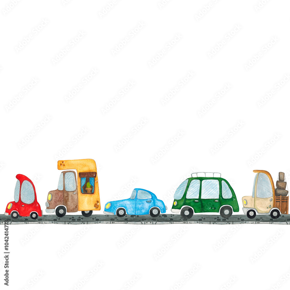 Watercolor composition, a border consisting of a road, road signs and ...