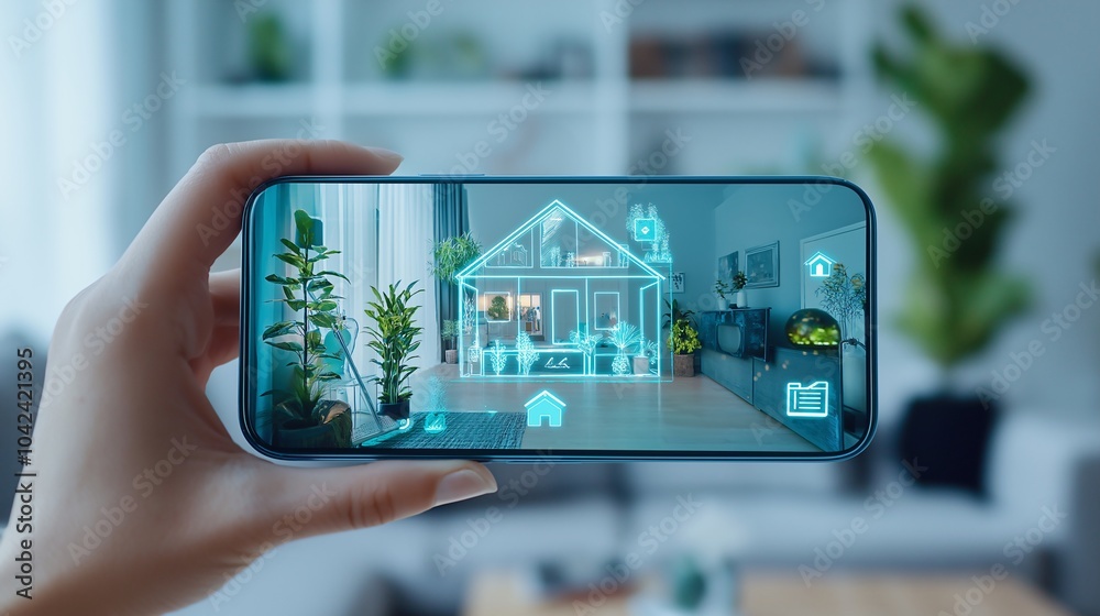 Exploring augmented reality home design with a smartphone in a modern living room Stock Photo ...