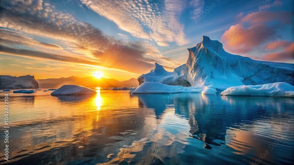 Depth of field sunrise over an iceberg in Greenland, melting icebergs ...