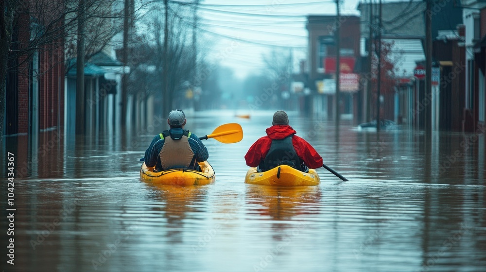 Two kayakers navigate a flooded street. This photo depicts the ...