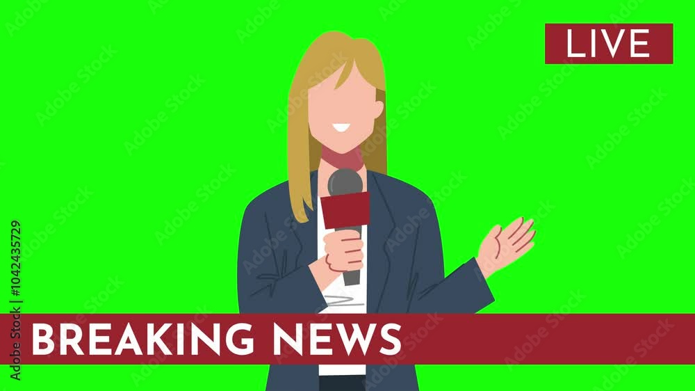 Female reporter, journalist is working with a news microphone in hand ...