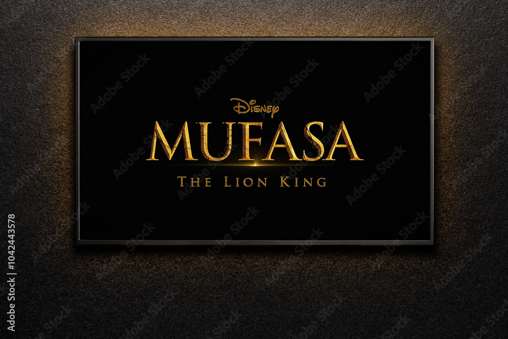 Mufasa The Lion King trailer or movie on TV screen. TV on black textured wall. Astana ...