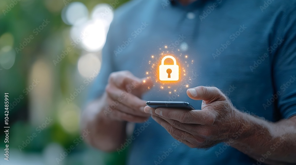 of a man holding a smartphone with a glowing lock symbol representing ...