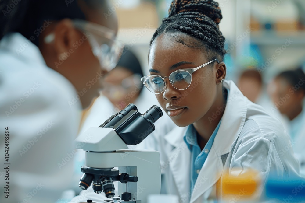 African American female scientist using microscope in lab with team ...